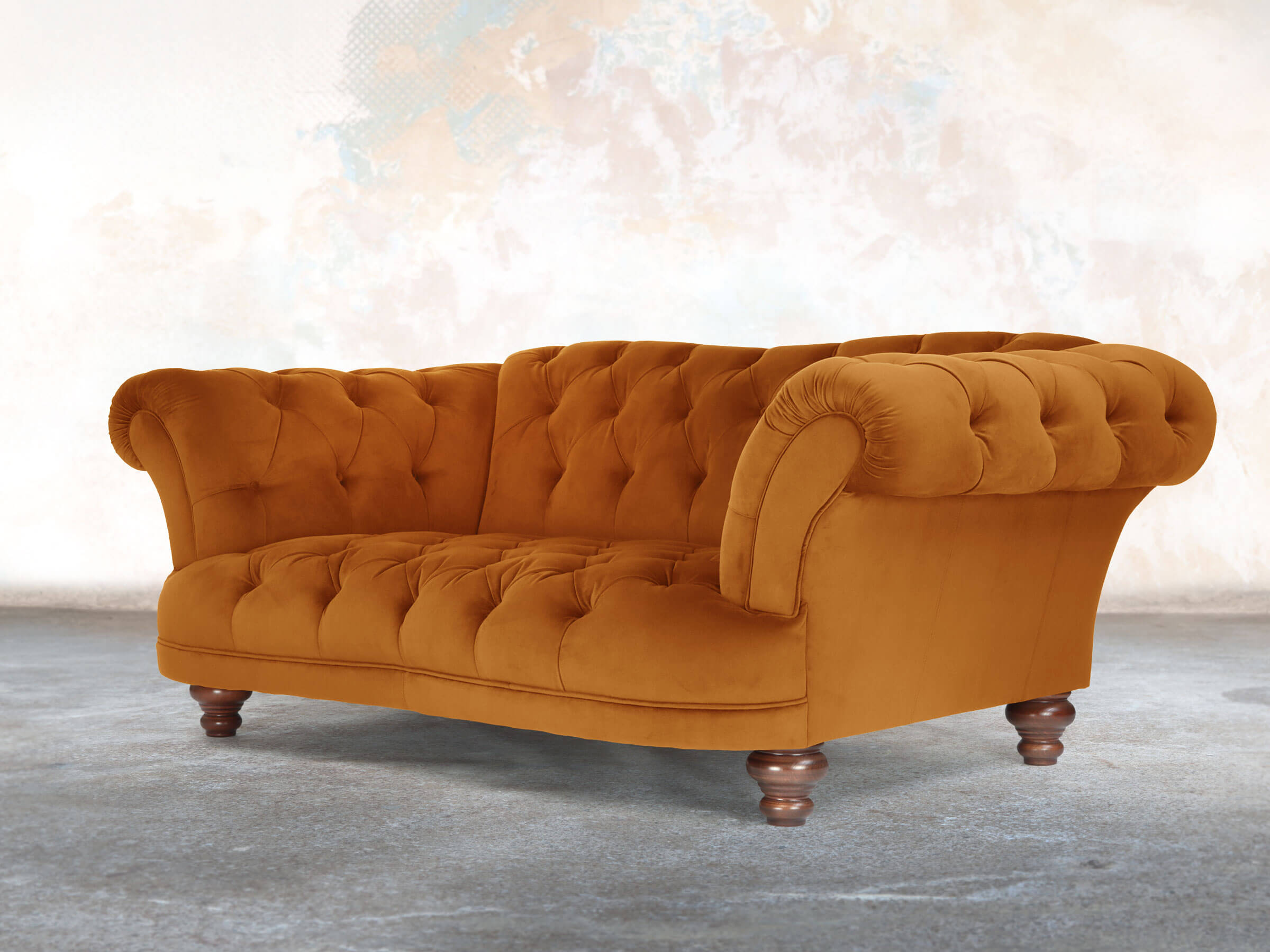 Oskar 2 Seat Chesterfield Sofa In Burnt Orange Lush Velvet