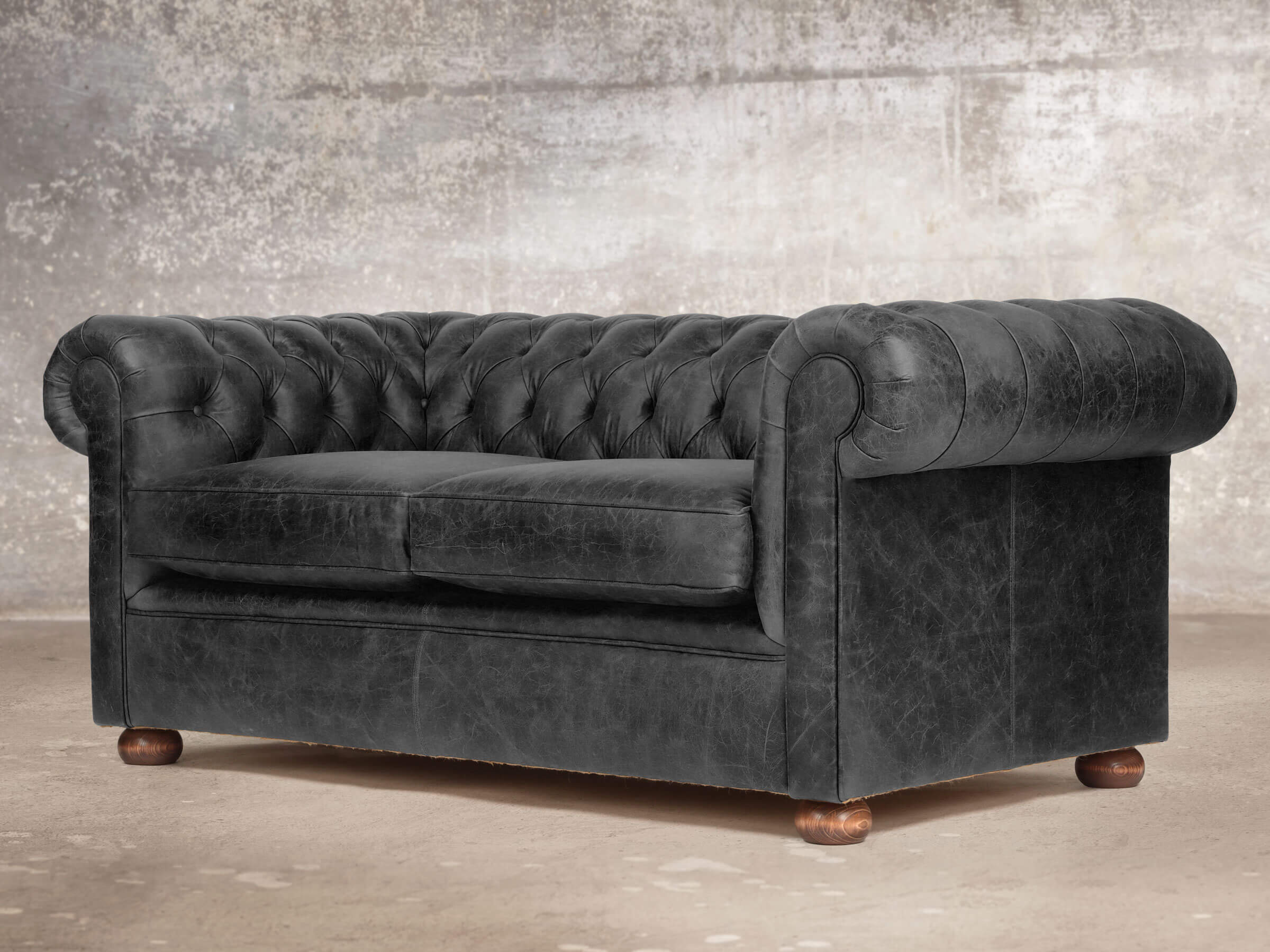 Hector 2 Seat Chesterfield Sofa In Black Vintage Leather